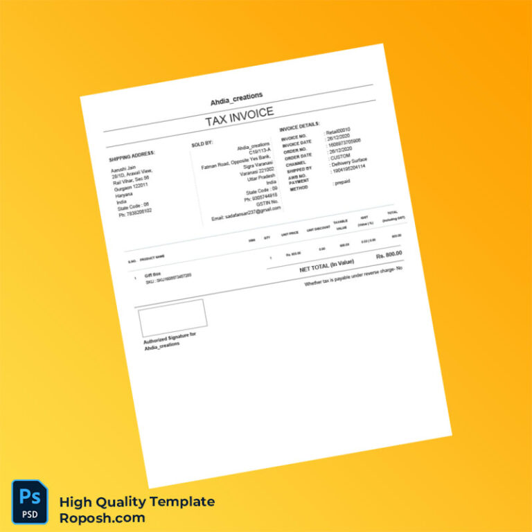 India Ahdia_creations Tax Invoice Template in Word and PDF formats | roposh