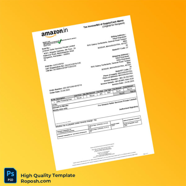 India Amazon Seller Services Pvt Ltd Invoice Template in Word and PDF ...