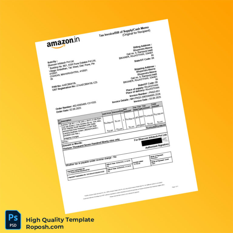 India Bluecom Infotech Pvt Ltd Invoice Template in Word and PDF formats | roposh