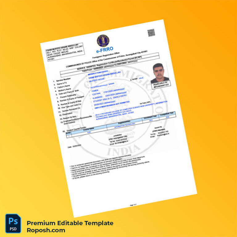 Customizable India Commissioner of Police Registration Certificate ...