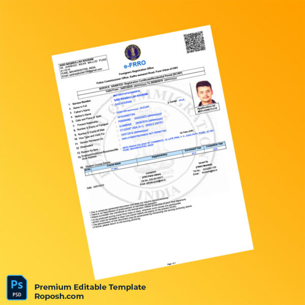 Customizable India Foreigners Registration Office Registration Certificate Editable Word & PDF ...