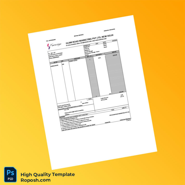 India Glam Road Marketing Pvt Ltd Retail Invoice Template in Word and PDF formats | roposh
