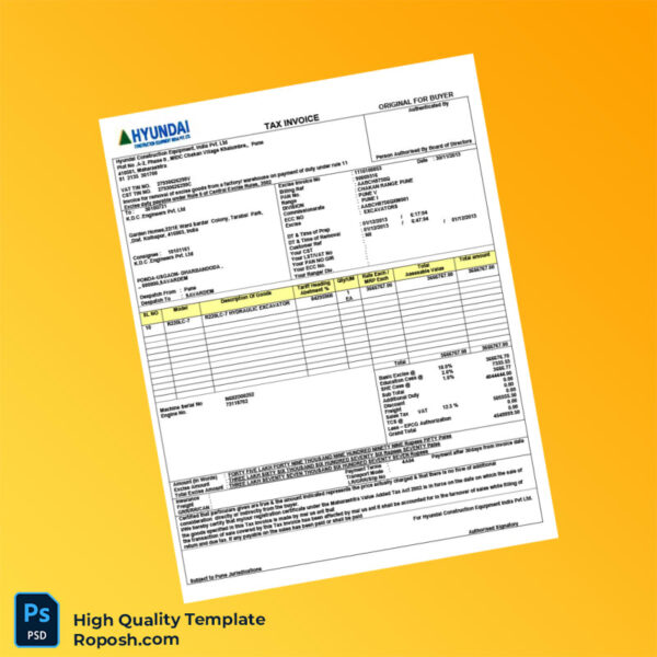 India Hyundai Construction Equipment Tax Invoice Template in Word and ...
