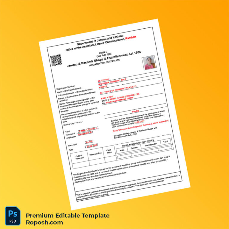 Customizable India Jammu Kashmir Shops Establishment Act Registration ...