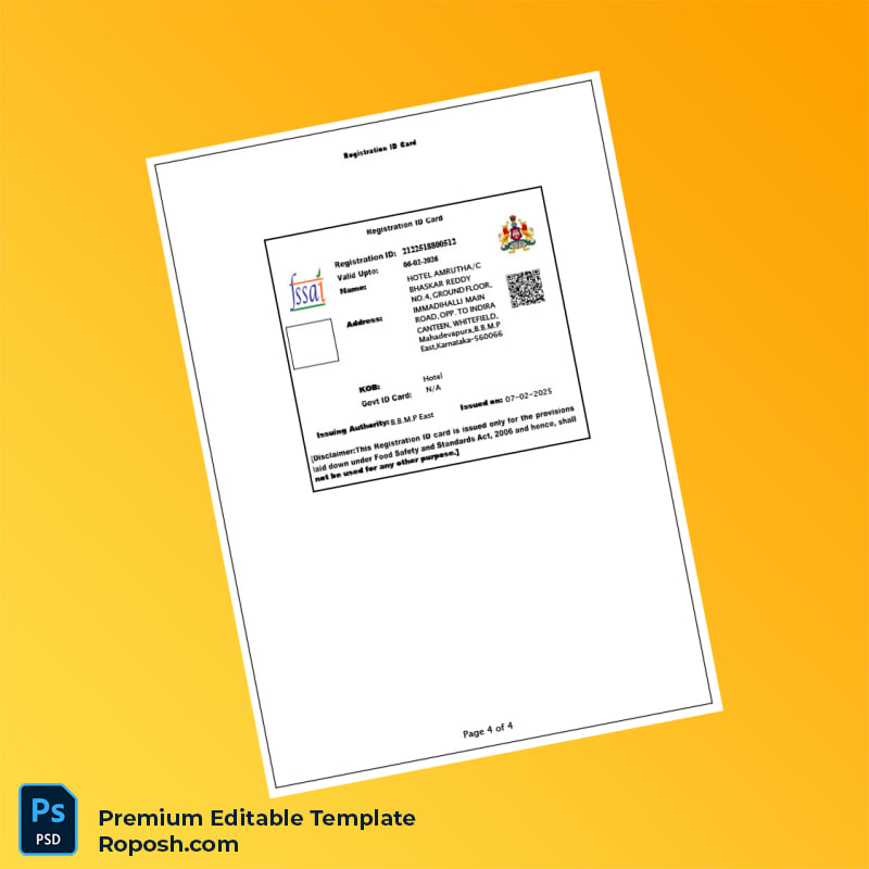 Customizable India Karnataka Food Registration Certificate Editable ...
