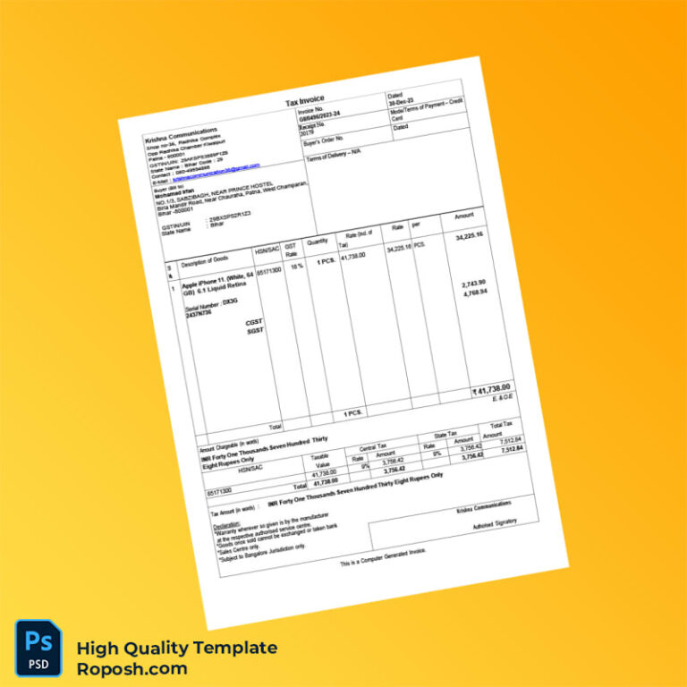 India Krishna Communications Tax Invoice Template in Word and PDF formats | roposh