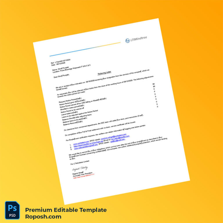 Customizable India LTI Mindtree Relieving Letter Word & PDF Template ...