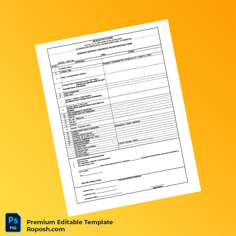Customizable India Nexus Polychem Vendor Registration Form Editable Word & PDF Template 2 page ...