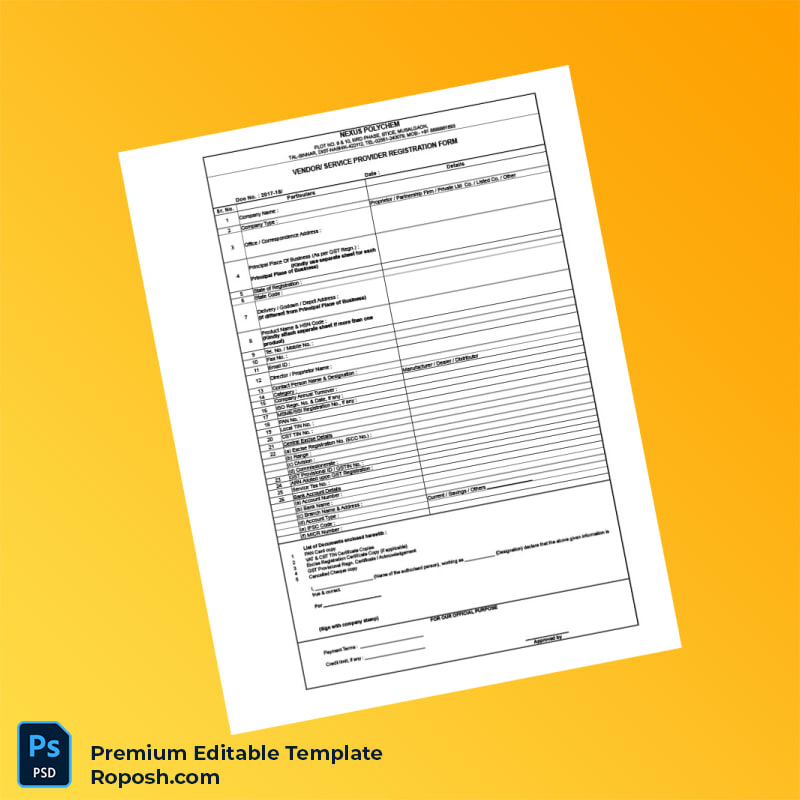 Customizable India Nexus Polychem Vendor Registration Form Editable Word & PDF Template 2 page ...