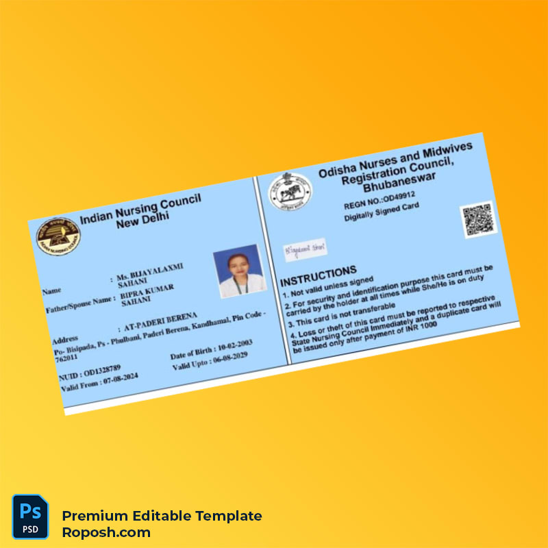 Customizable India Odisha Nurses and Midwives Registration Certificate ...