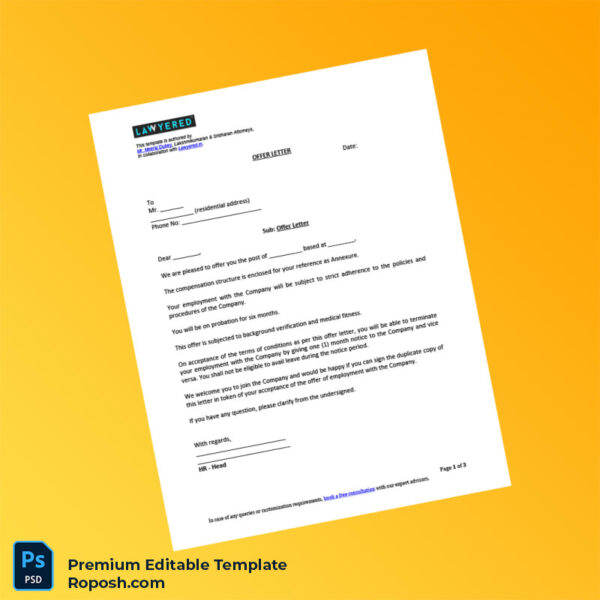 Customizable India Offer Letter Word & PDF Template 3 page | roposh