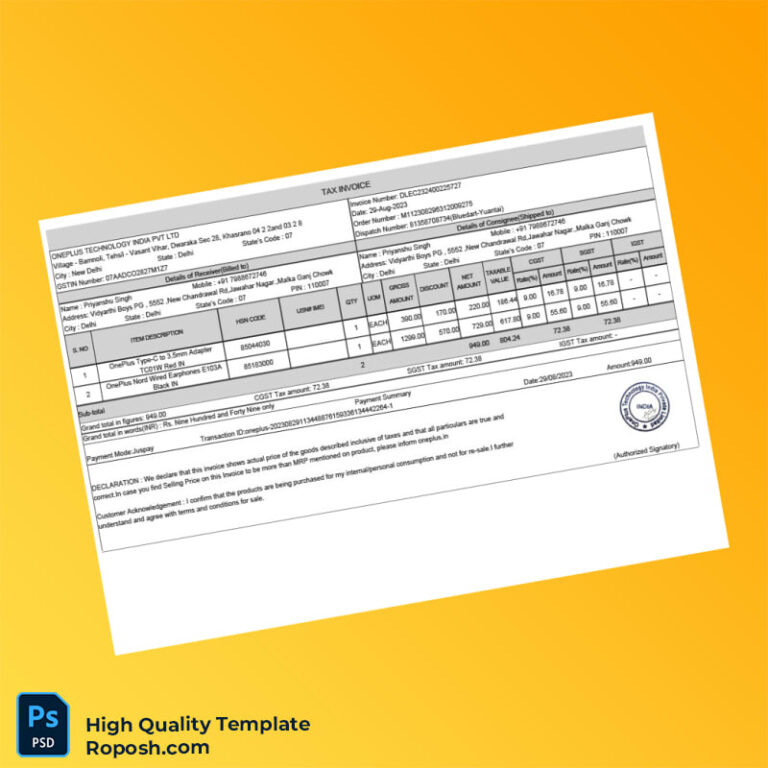 India OnePlus Technology India Pvt Ltd Invoice Template in Word and PDF ...