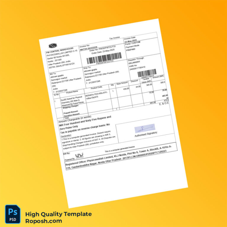 India Physicswallah Limited Tax Invoice Template in Word and PDF formats | roposh