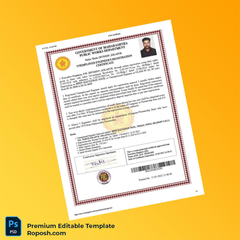 Customizable India Public Works Department Registration Certificate Editable Word & PDF Template ...