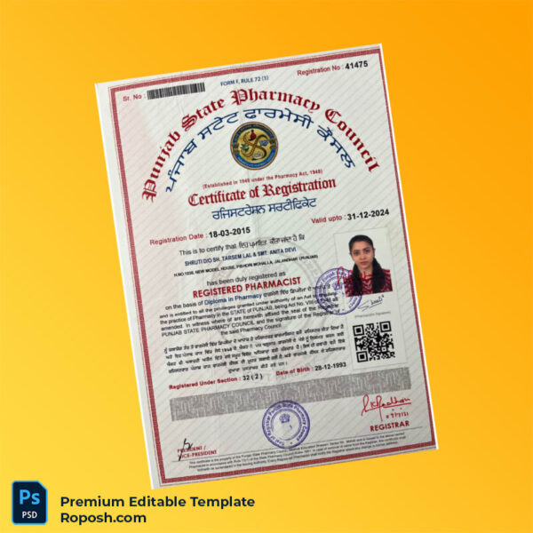 India Punjab State Pharmacy Council Registration Certificate Editable ...