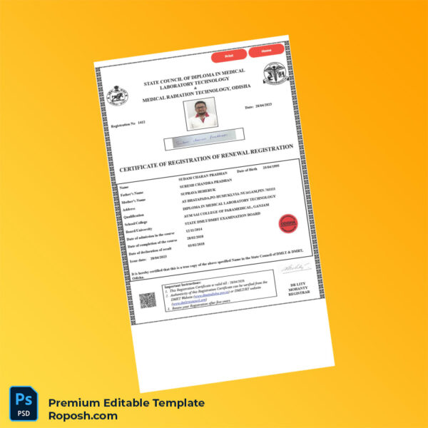 India State DMLT DMRT Registration Certificate Editable Word & PDF ...