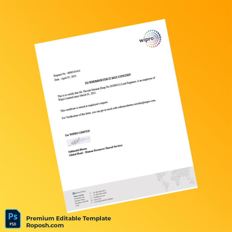 Customizable India Wipro Limited Employment Verification Letter Word ...