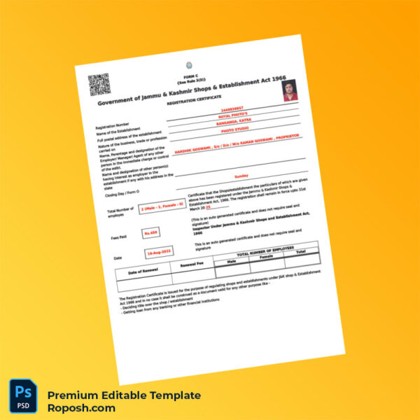 Jammu and Kashmir Government Registration Certificate Editable Word ...
