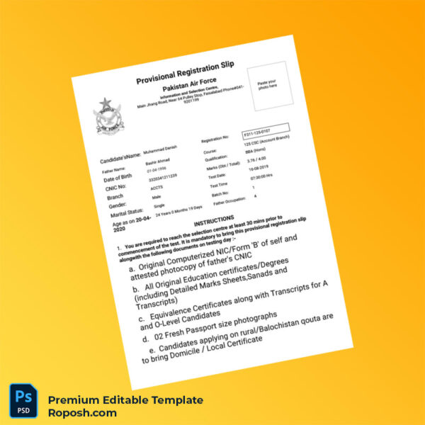 Customizable Pakistan Air Force Provisional Registration Slip Editable Word & PDF Template 2 ...