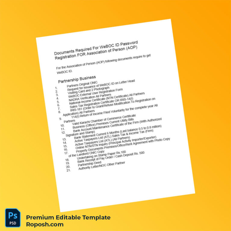 Pakistan Customs WeBOC Registration Certificate Checklist Editable Word ...