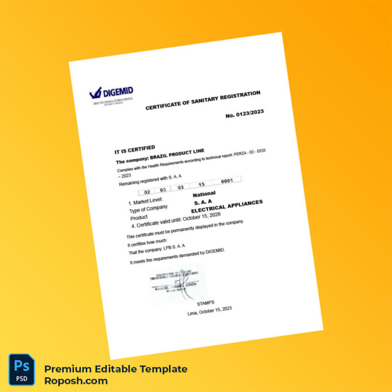 Peru DIGEMID Sanitary Registration Certificate Editable Word & PDF ...