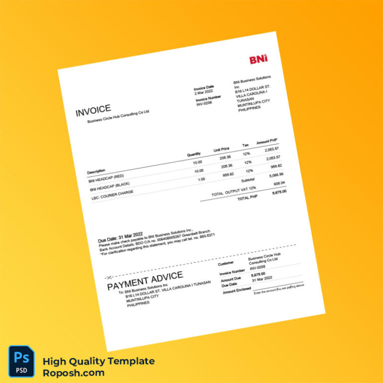 Philippines BNI Business Solutions Inc Invoice Template in Word and PDF formats | roposh