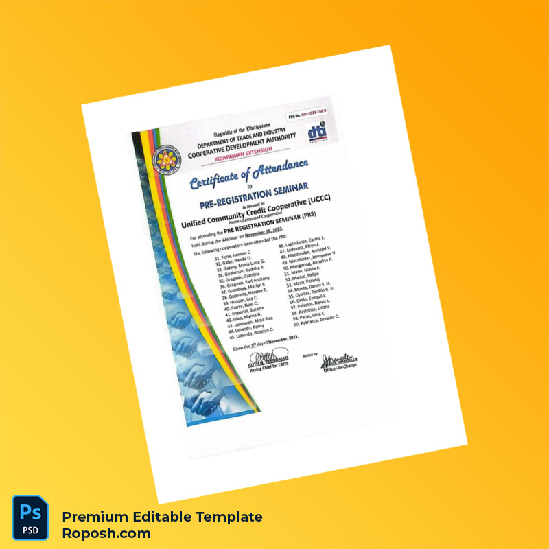 Customizable Philippines Cooperative Development Authority Certificate of Attendance Editable ...