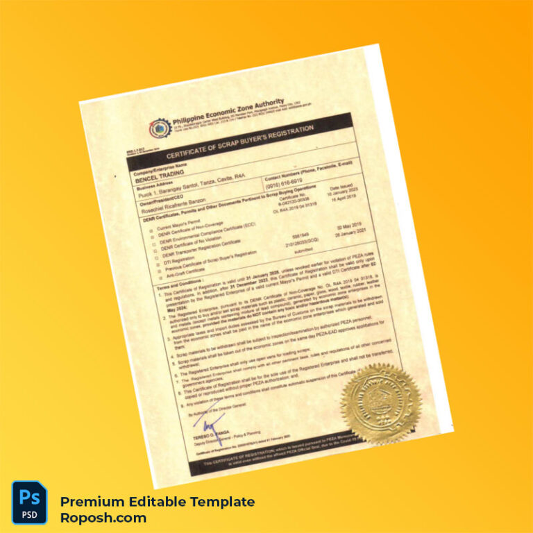 Customizable Philippines Department of Environment and Natural Resources Certificate of Scrap ...