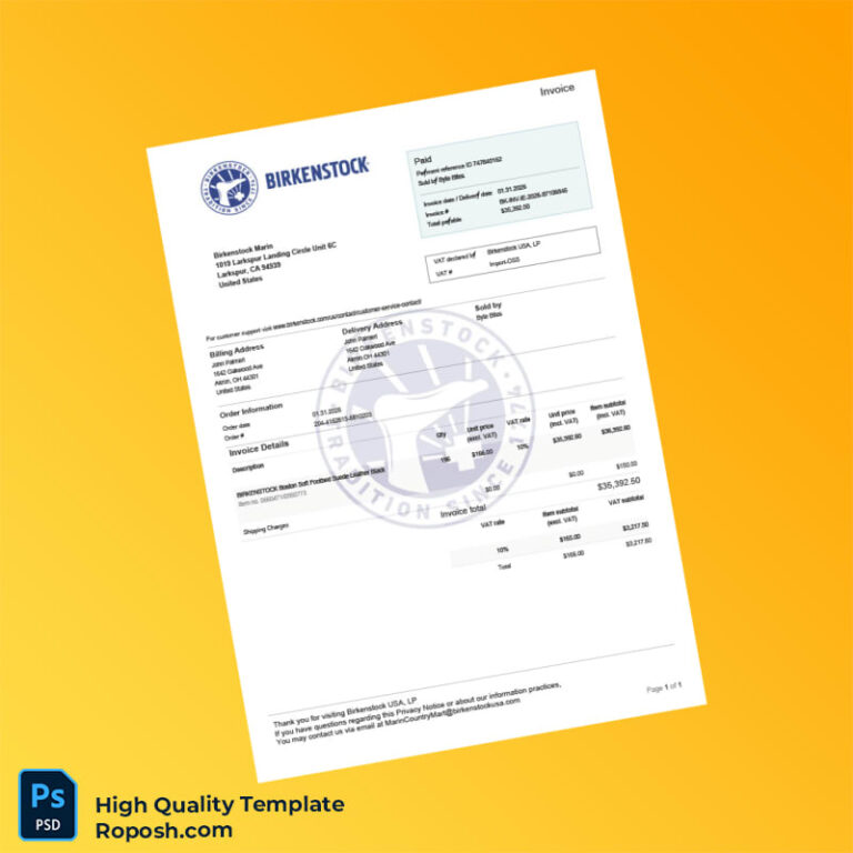 USA Birkenstock Invoice Template in Word and PDF formats | roposh