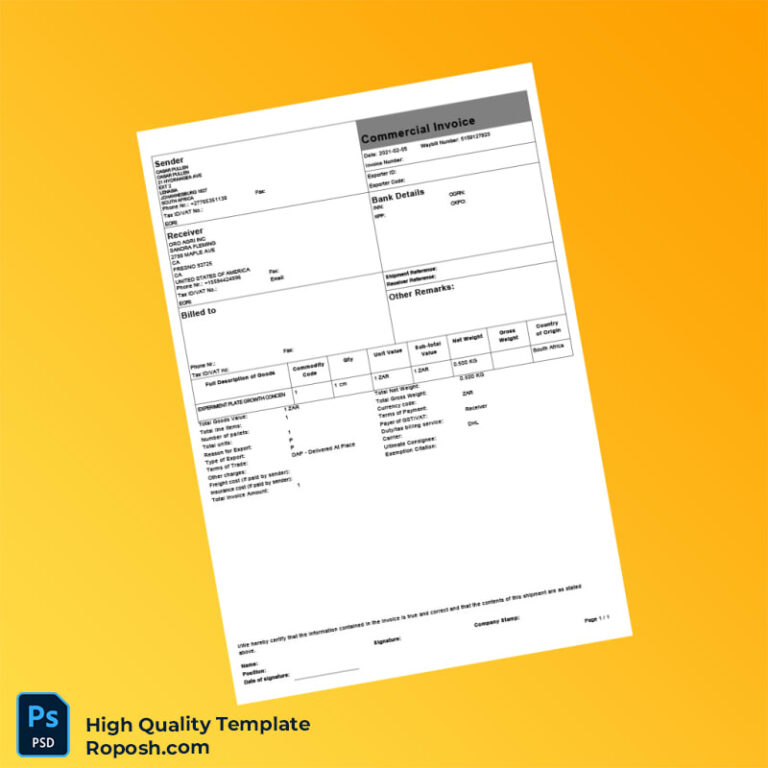 USA ORO AGRI INC Commercial Invoice Template in Word and PDF formats ...