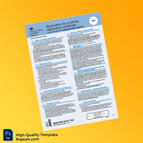 United Kingdom DVLA Application for a Registration Certificate Template ...