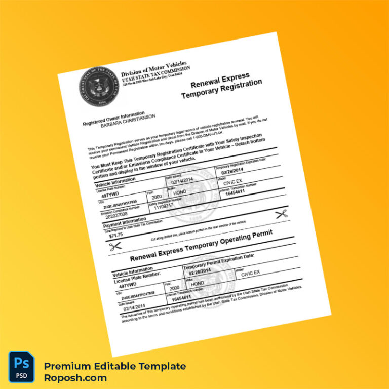 Utah DMV Temporary Registration Certificate Template