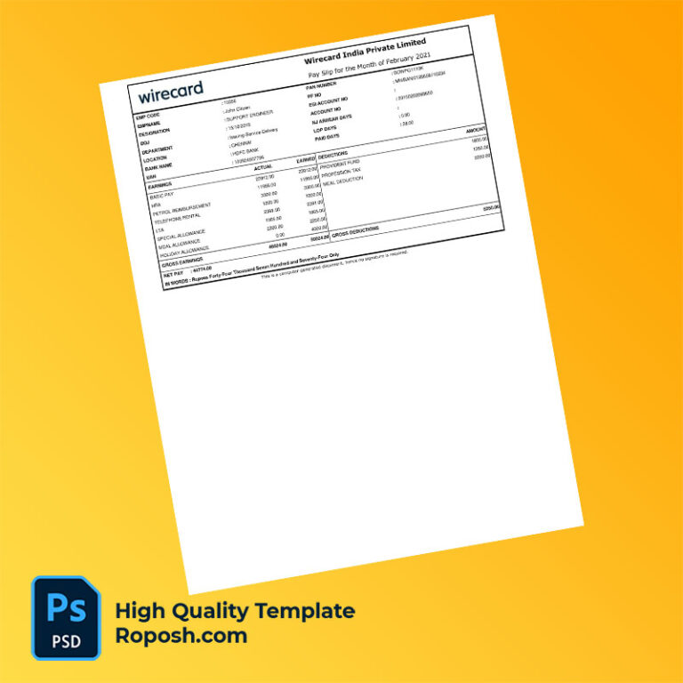 Wirecard India Private Limited payslip word and pdf template | roposh