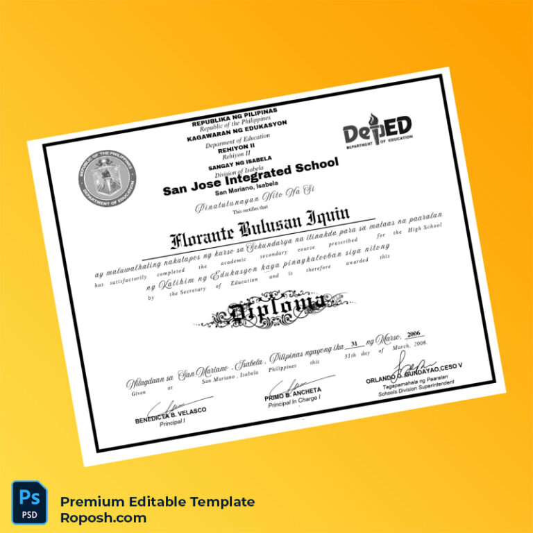 Editable Diploma Template Philippines San Jose Integrated School High ...