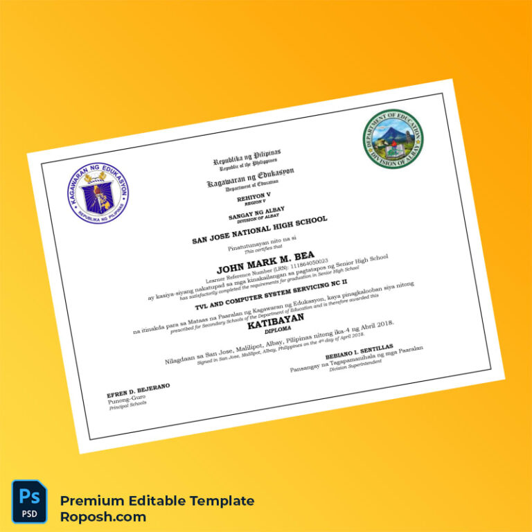 Editable Philippines San Jose National High School High School Diploma ...
