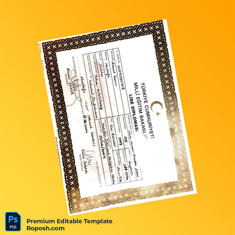 Editable Turkey Ahmet Inanici High School Diploma Template - Fast Edit ...
