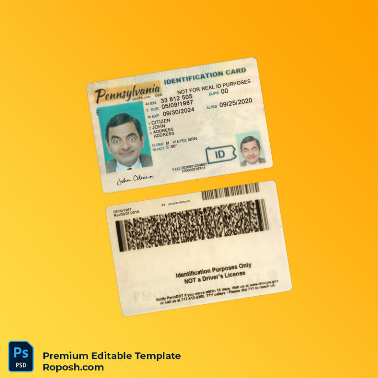 Editable PSD for USA Pennsylvania ID card PSD template - Instant ...